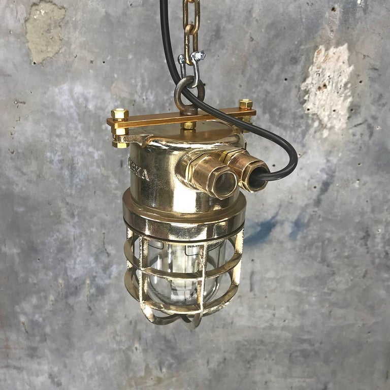 Late Century German Cast Brass and Glass Shade Explosion Proof Pendant ...