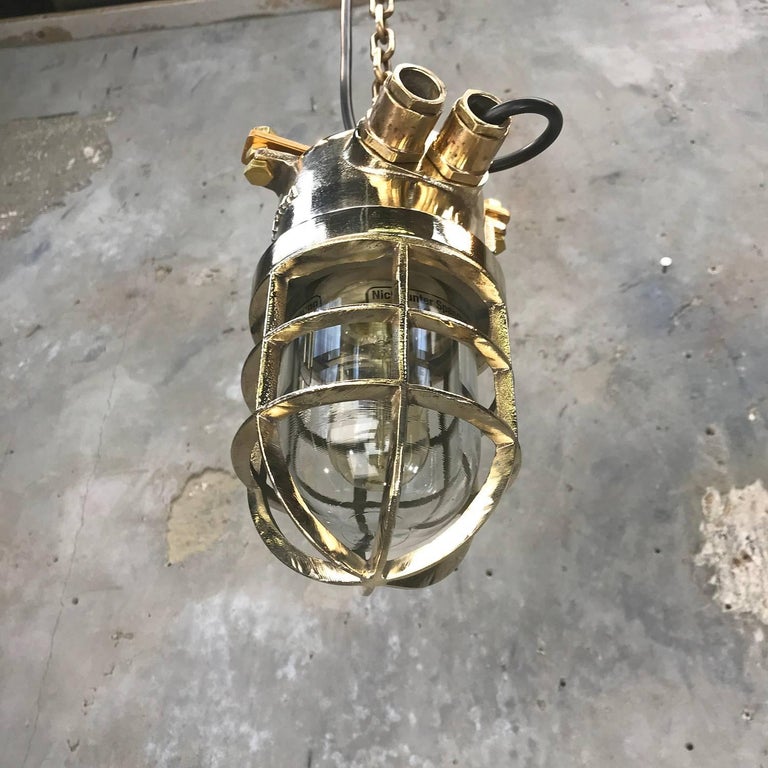 Late Century German Cast Brass and Glass Shade Explosion Proof Pendant ...