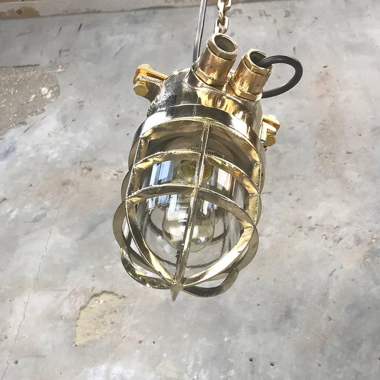 Late Century German Cast Brass and Glass Shade Explosion Proof Pendant ...