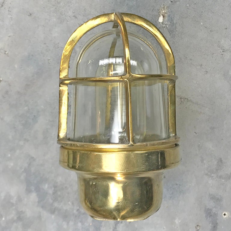 Late Century Industrial Brass 90deg Wall Light, Glass Dome and Cage ...