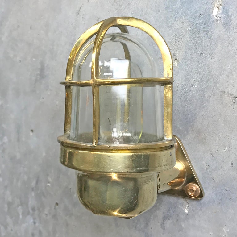 Late Century Industrial Brass 90deg Wall Light, Glass Dome and Cage ...