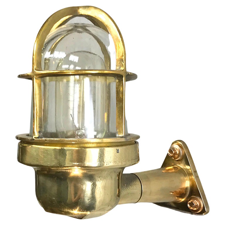 Late Century Industrial Brass 90deg Wall Light, Glass Dome and Cage ...