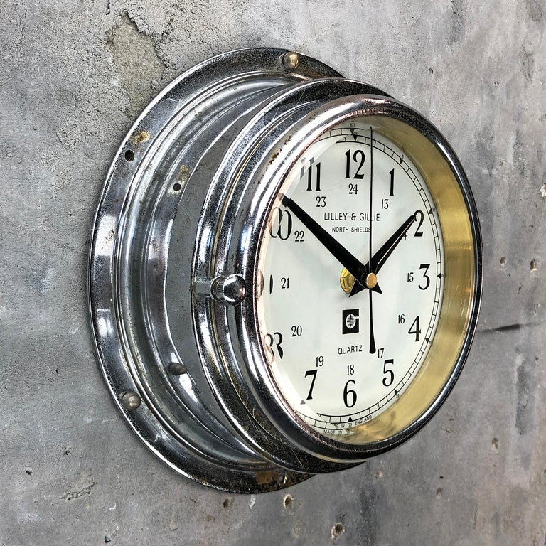 Late Century Lilley and Gillie Chromed Brass Wall Clock Beveled Glass ...