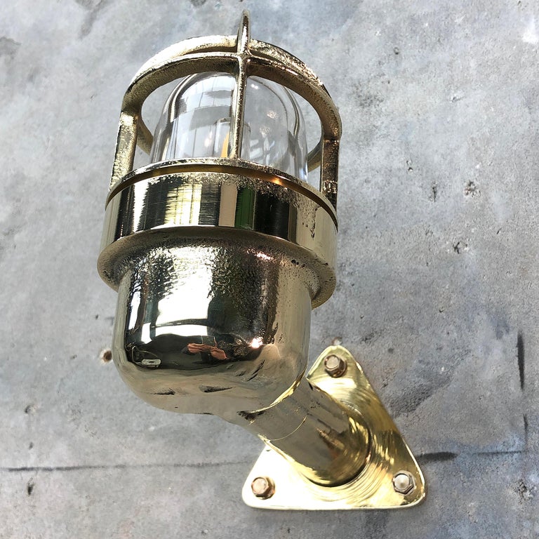 Late Century Small Industrial Brass Wall Light, Glass Dome, Cage ...