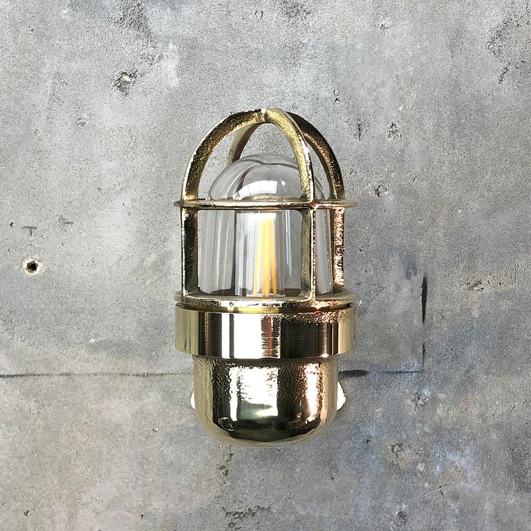 Late Century Small Industrial Brass Wall Light, Glass Dome, Cage ...