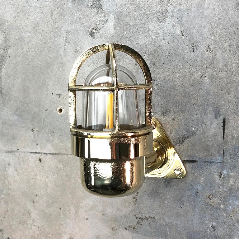 Late Century Small Industrial Brass Wall Light, Glass Dome, Cage ...