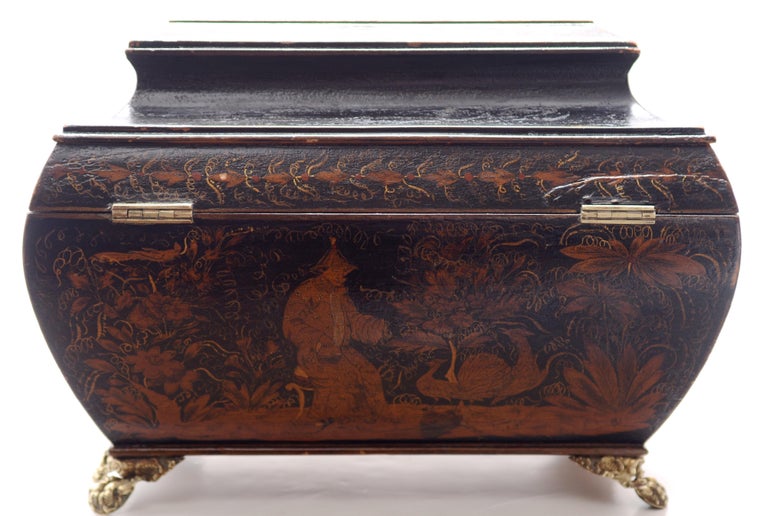 Late Geo III Chinoiserie Painted and Penwork Decorated Bombé Shaped Tea ...