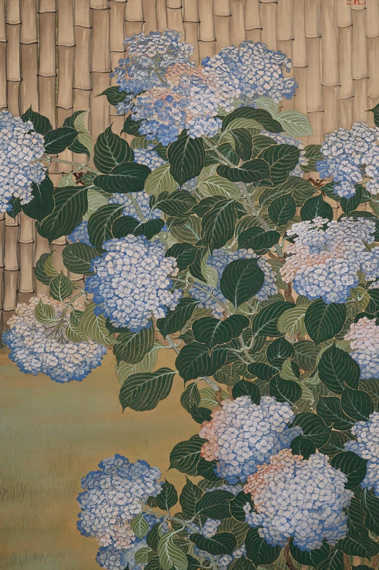 Late Meiji Era, Circa 1910, Japanese Nihonga Screen, Cat and Hydrangea ...