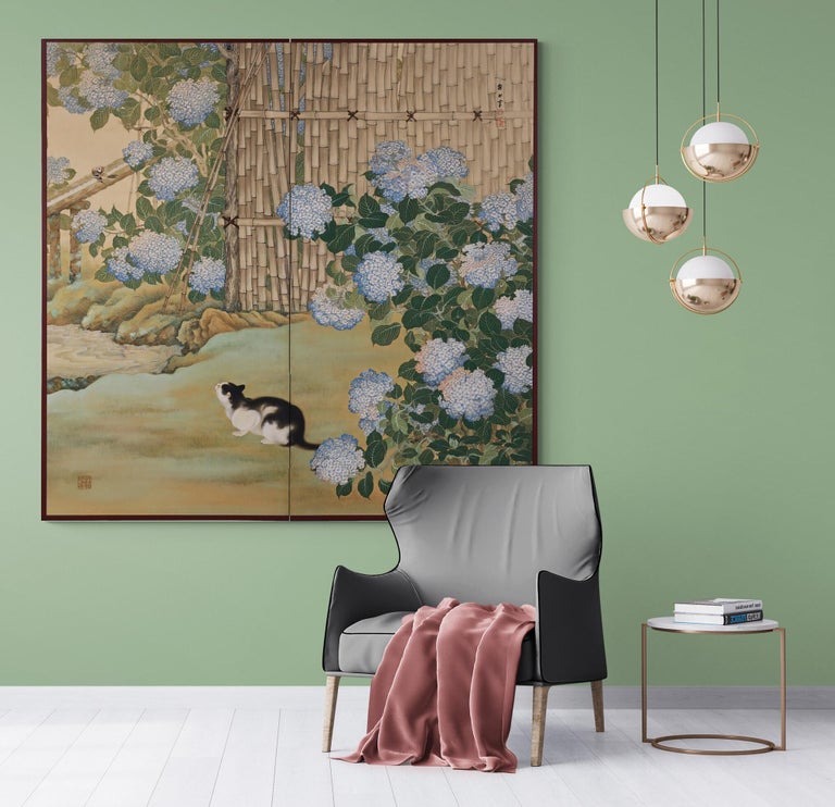 Late Meiji Era, Circa 1910, Japanese Nihonga Screen, Cat and Hydrangea ...