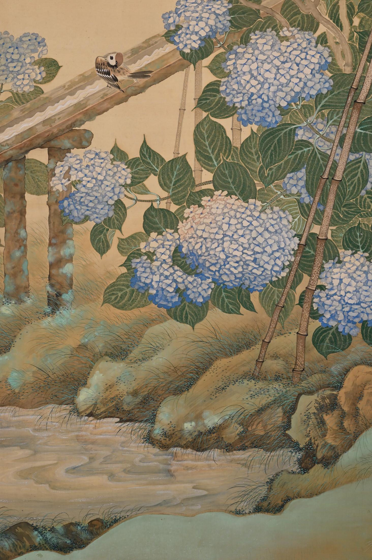 Late Meiji Era, Circa 1910, Japanese Nihonga Screen, Cat and Hydrangea ...