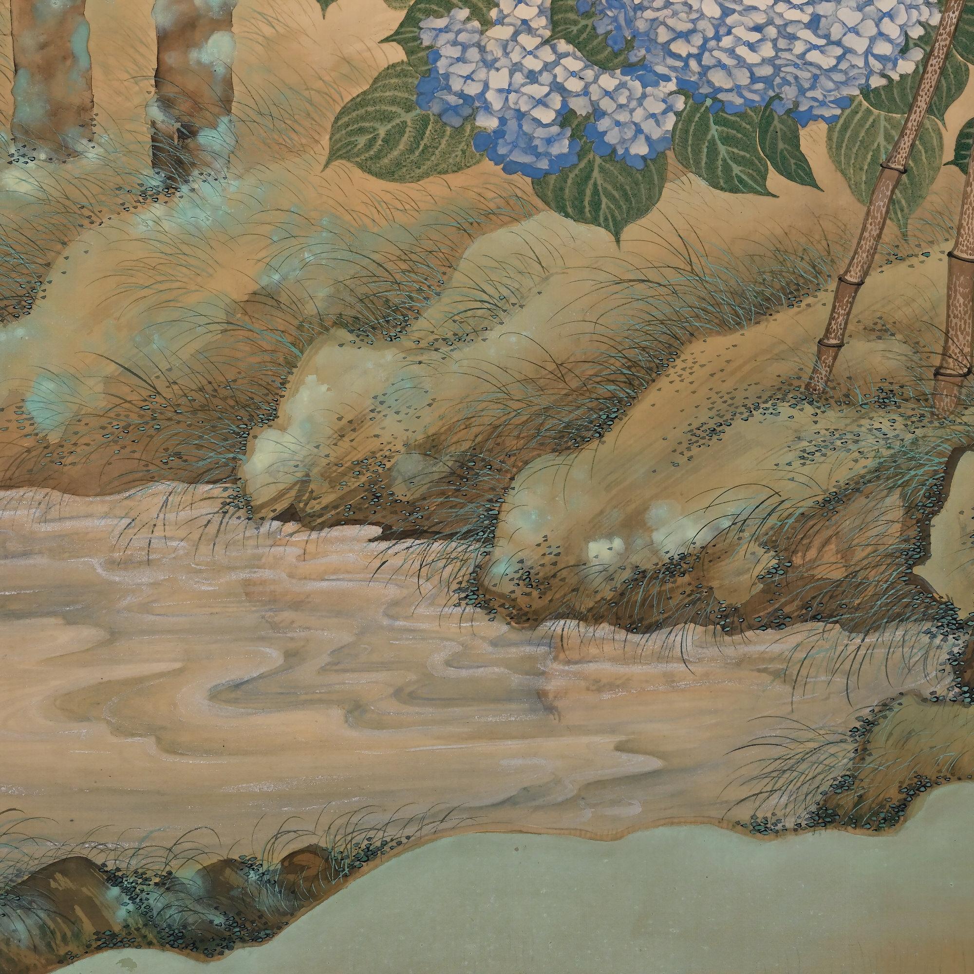 Late Meiji Era, Circa 1910, Japanese Nihonga Screen, Cat and Hydrangea ...