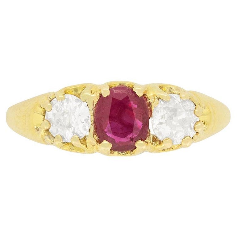 Late Victorian 0.50ct Ruby and Diamond Three Stone Ring, c.1900s For ...