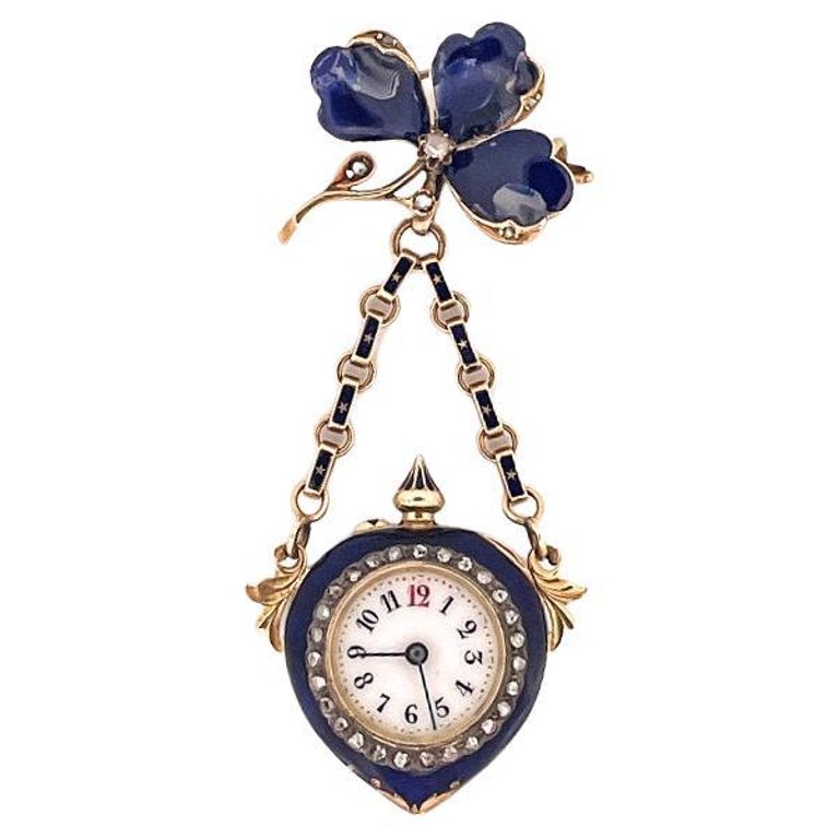 Late Victorian 14k Yellow Gold Blue Enamel and Diamond Detachable Watch ...