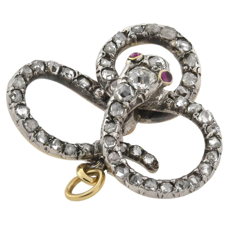 Late Victorian 18 Karat and Sterling Old Rose Cut Diamond Snake Pin ...