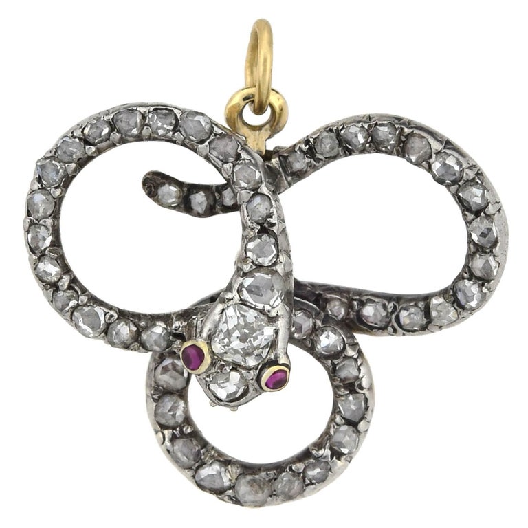 Late Victorian 18 Karat and Sterling Old Rose Cut Diamond Snake Pin ...