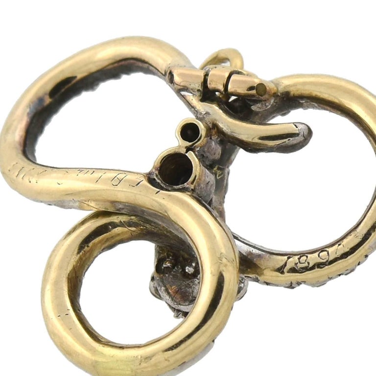 Late Victorian 18 Karat and Sterling Old Rose Cut Diamond Snake Pin ...
