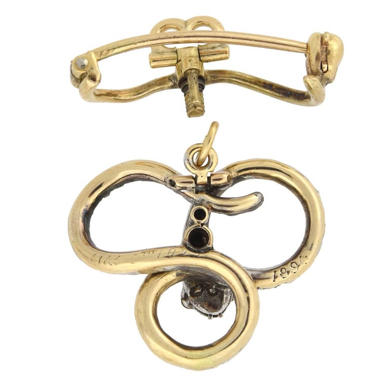 Late Victorian 18 Karat and Sterling Old Rose Cut Diamond Snake Pin ...