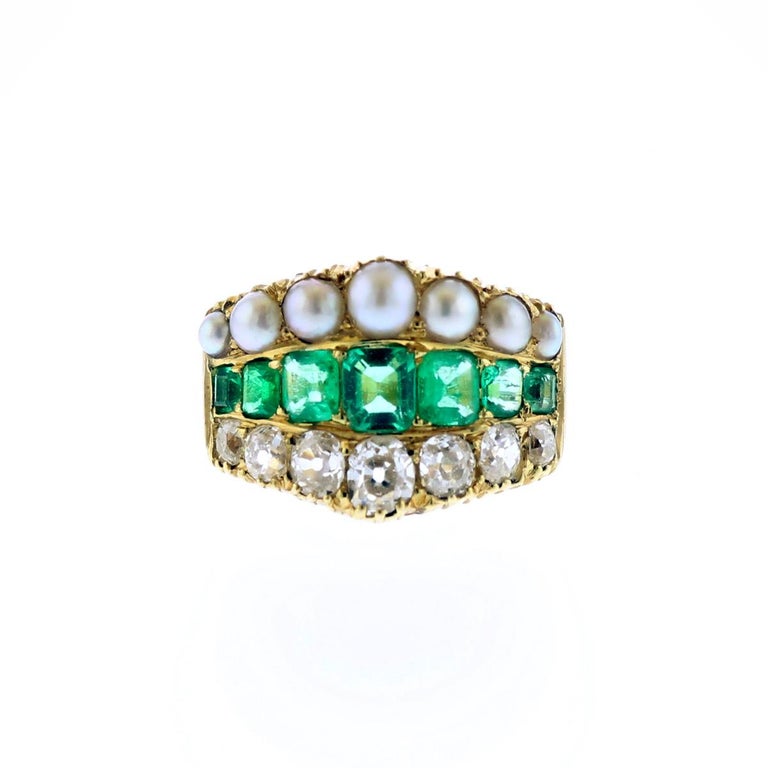 Late Victorian 18K Gold Emerald Split Pearl and Diamond Wide Half Hoop ...