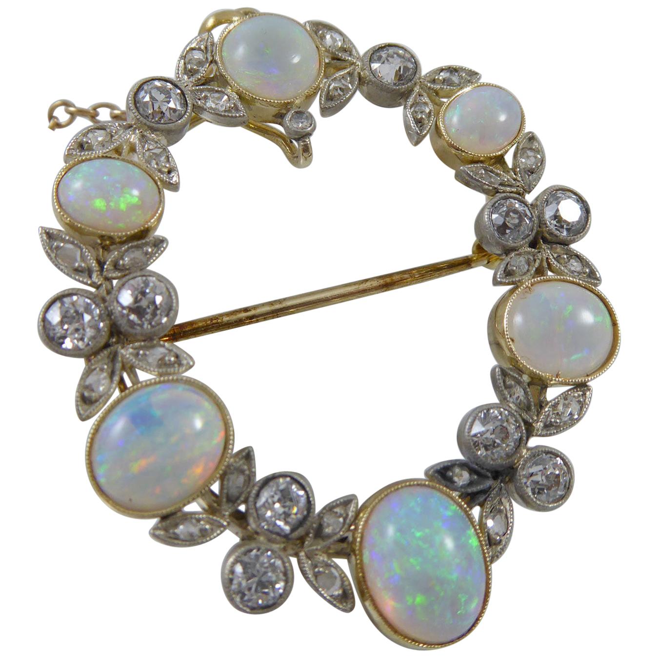 Victorian 5.95 Carat Opal and Diamond Platinum Brooch For Sale at 1stDibs