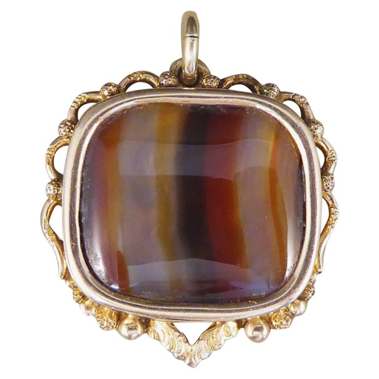 Late Victorian Carved Banded Agate Pendant in 15 Carat Yellow Gold For ...