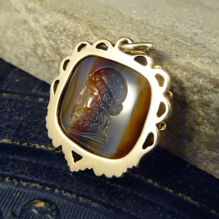 Late Victorian Carved Banded Agate Pendant in 15 Carat Yellow Gold For ...