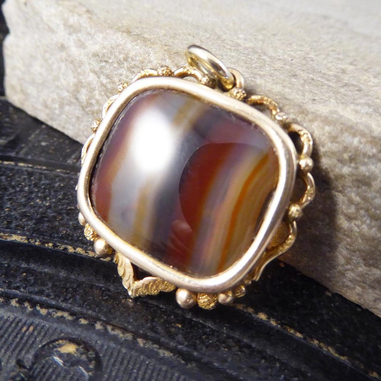 Late Victorian Carved Banded Agate Pendant in 15 Carat Yellow Gold For ...