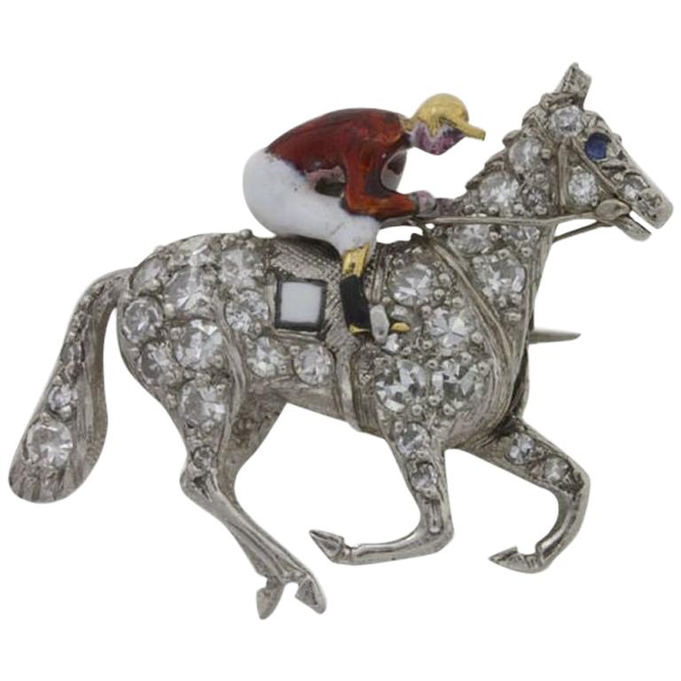 Late-Victorian Diamond and Enamel Jockey Brooch at 1stDibs