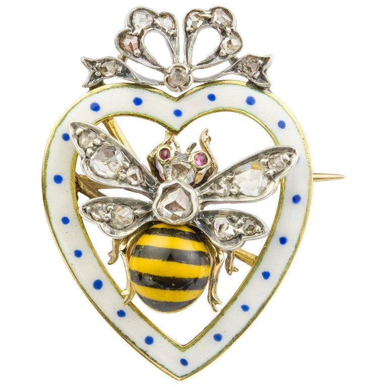 Late Victorian Enamel and Diamond Bee Brooch For Sale at 1stDibs