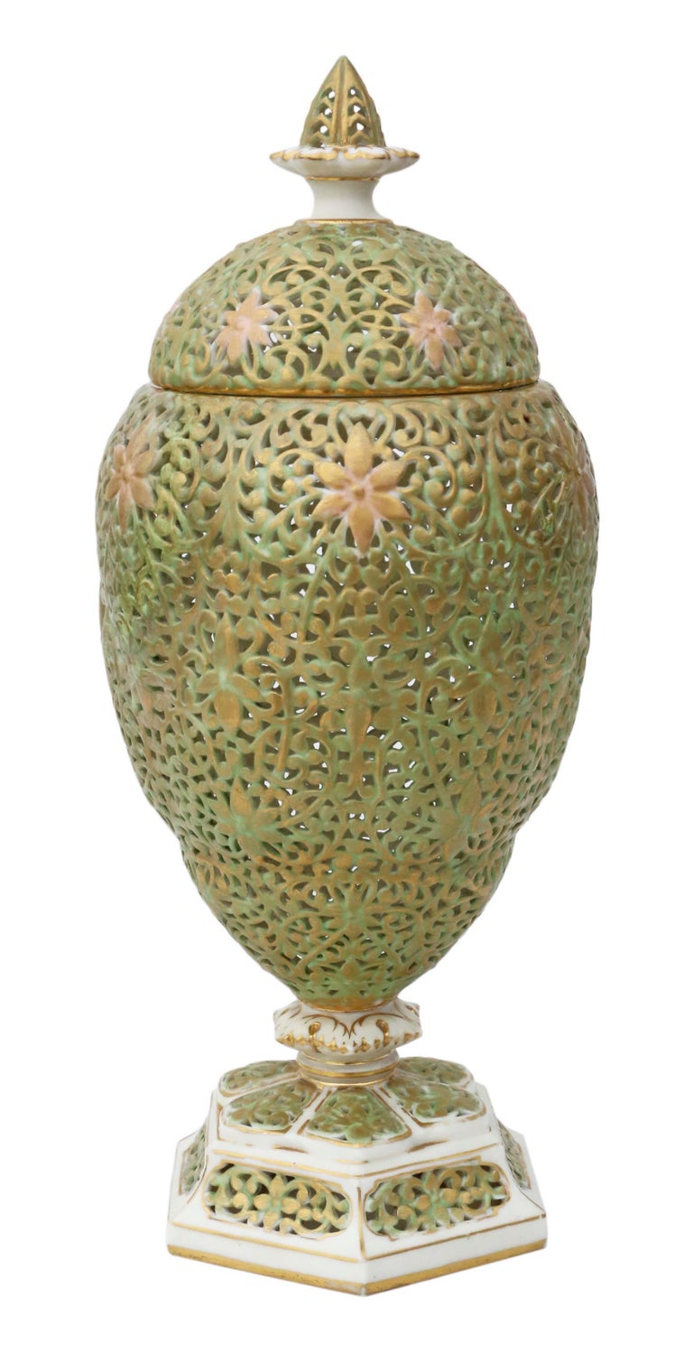 Late Victorian Graingers Worcester Reticulated Vase with Lid at 1stDibs