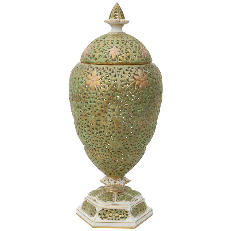 Late Victorian Graingers Worcester Reticulated Vase with Lid at 1stDibs