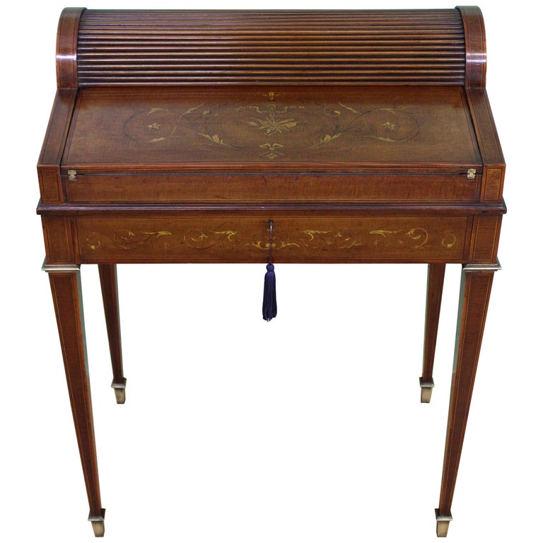 Late Victorian Inlaid Mahogany Tambour Bureau by Druce and Co. of ...