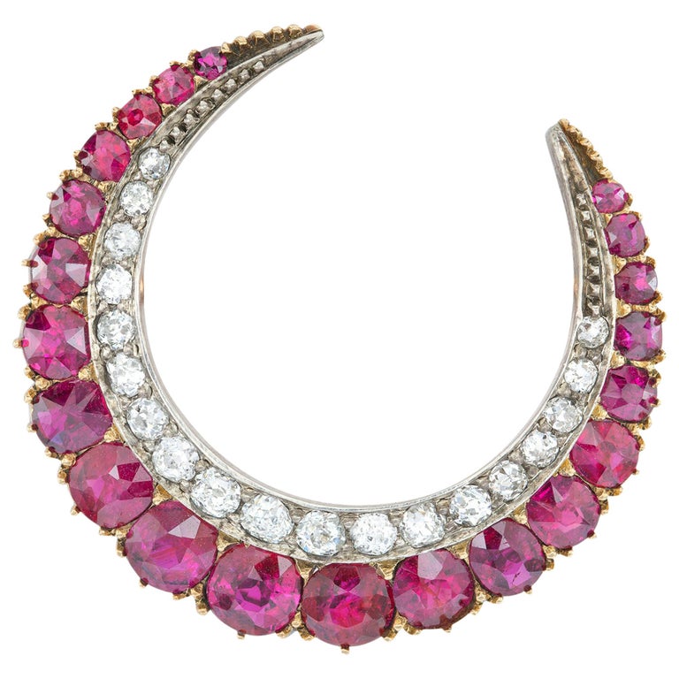 Late Victorian Ruby and Diamond Crescent Brooch For Sale at 1stDibs