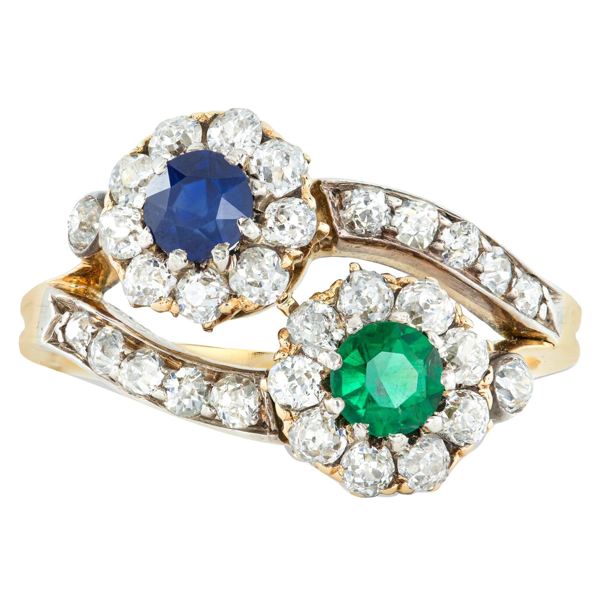 Charming Antique Diamond, Emerald and Sapphire Handmade Ring at 1stDibs