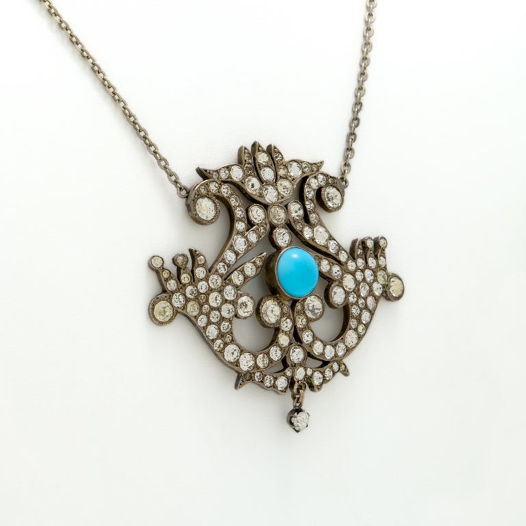 Late Victorian Silver and Paste and Blue Glass Pendant on Silver Oval ...