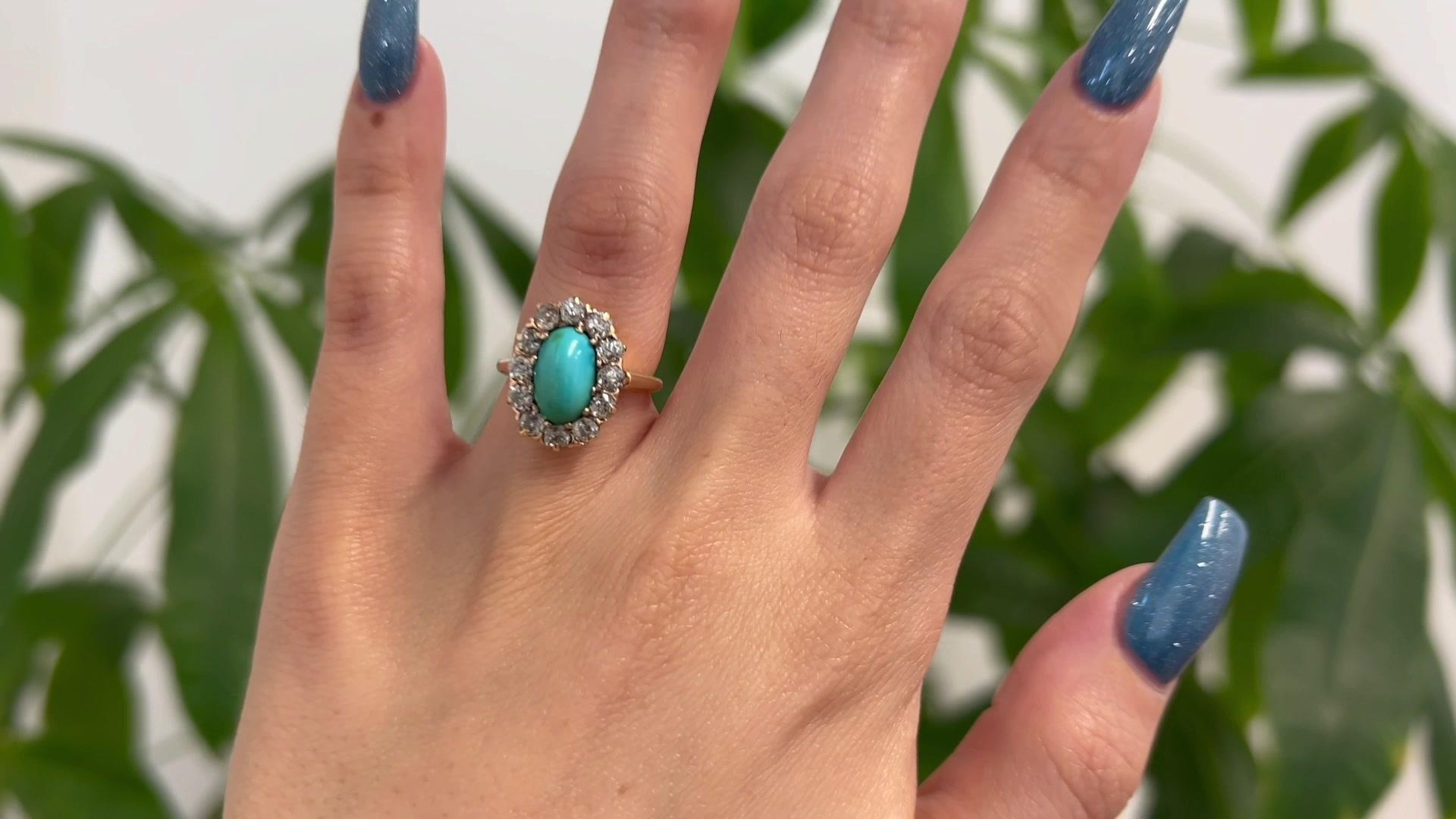 Late Victorian Turquoise Diamond 14 Karat Rose Gold Cluster Ring at 1stDibs