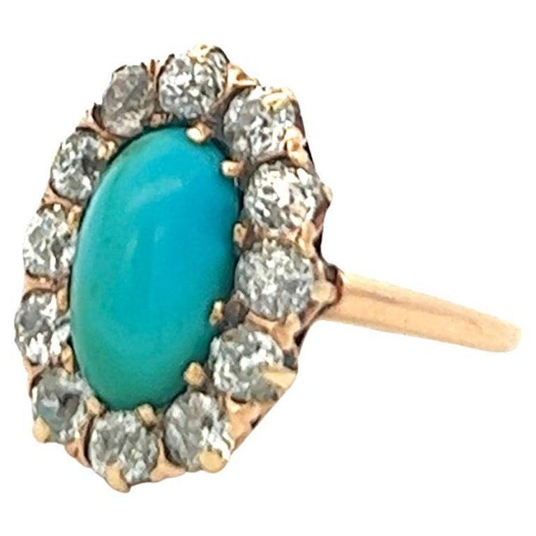 Late Victorian Turquoise Diamond 14 Karat Rose Gold Cluster Ring at 1stDibs