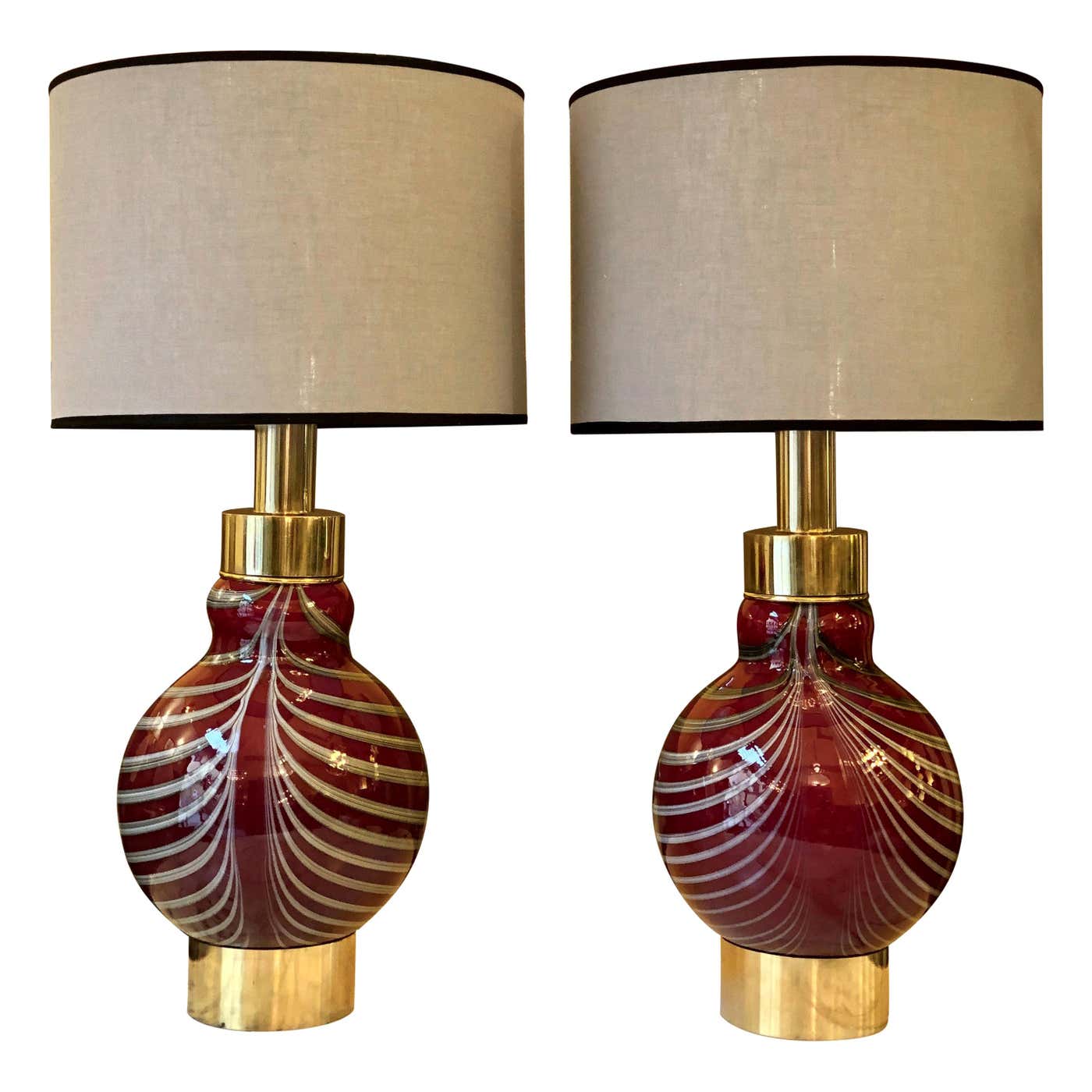 Late 20th Century Pair Of Red And Striped Grey Murano Glass And Brass Table Lamps At 1stdibs