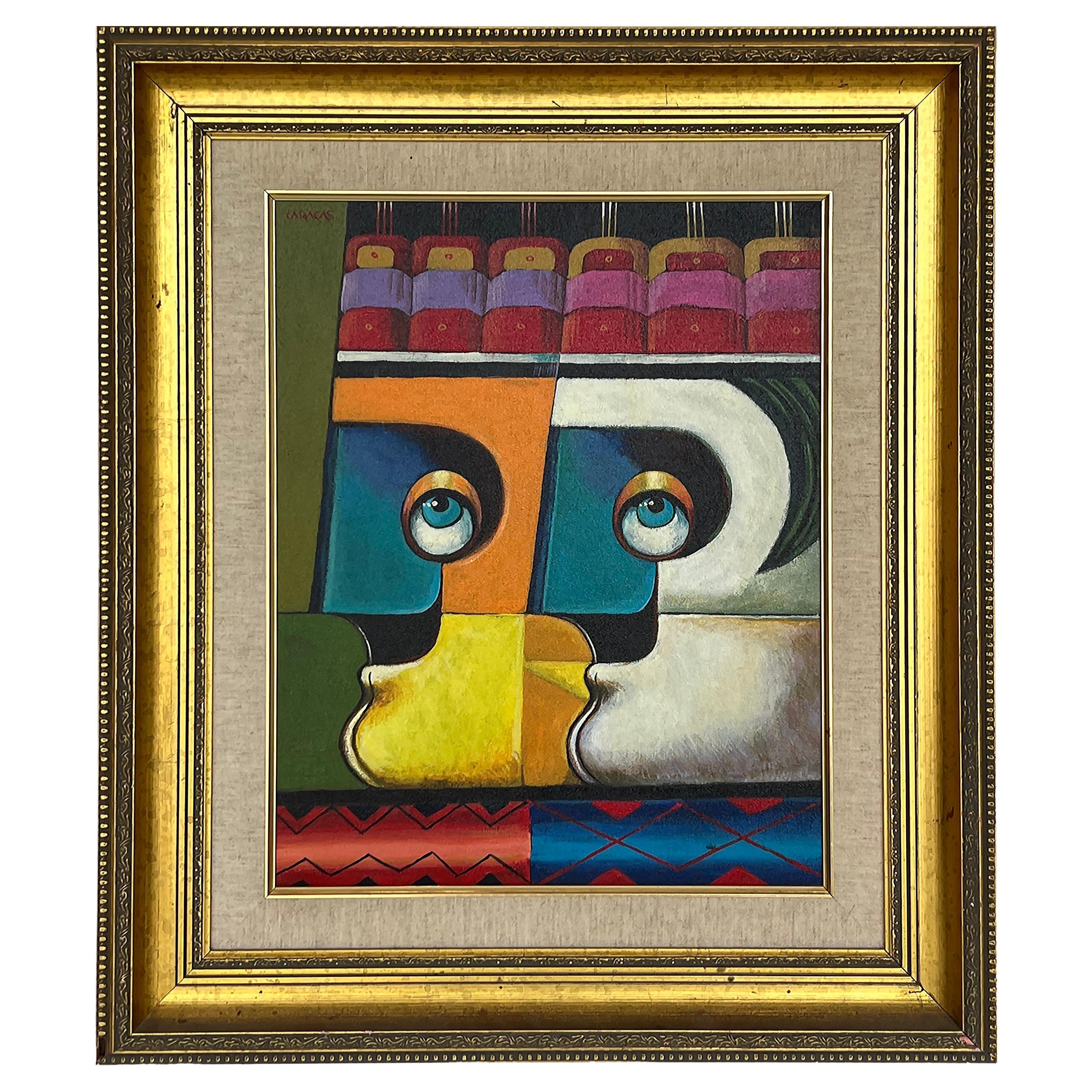 Latin American Cesar Caracas Abstract Two Masks Painting, Oil on Canvas ...