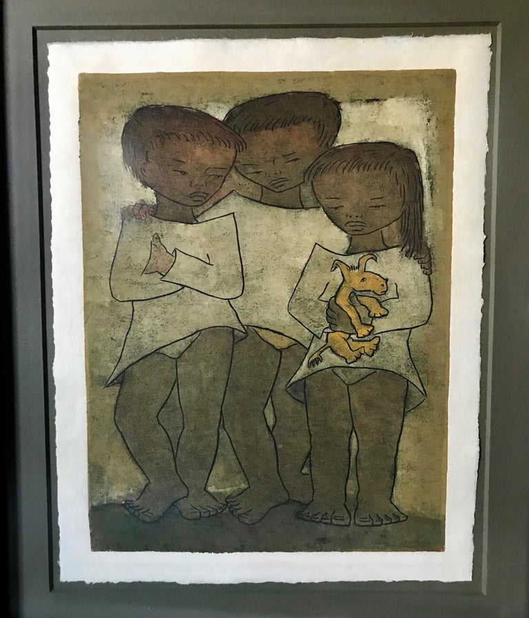 Latin American Modern Art by Angel Botello Large Linocut of Children ...