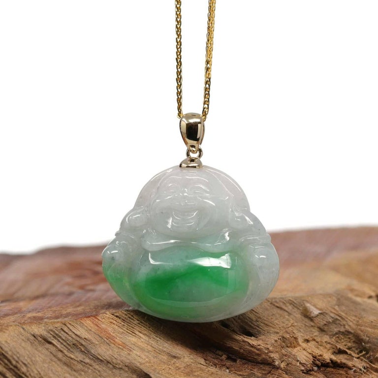 "Laughing Buddha" Rich Green Jadeite Jade Necklace with 14k Yellow Gold Bail For Sale at 1stDibs