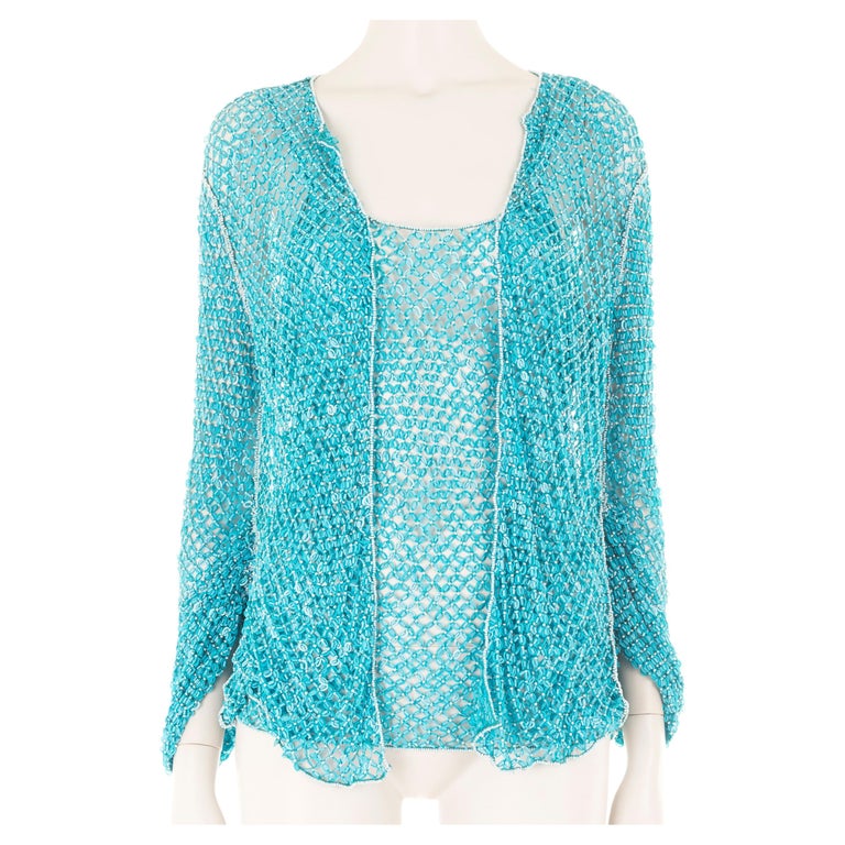 Laura Biagiotti S/S 2004 blue beaded fishnet cardigan and top set For ...