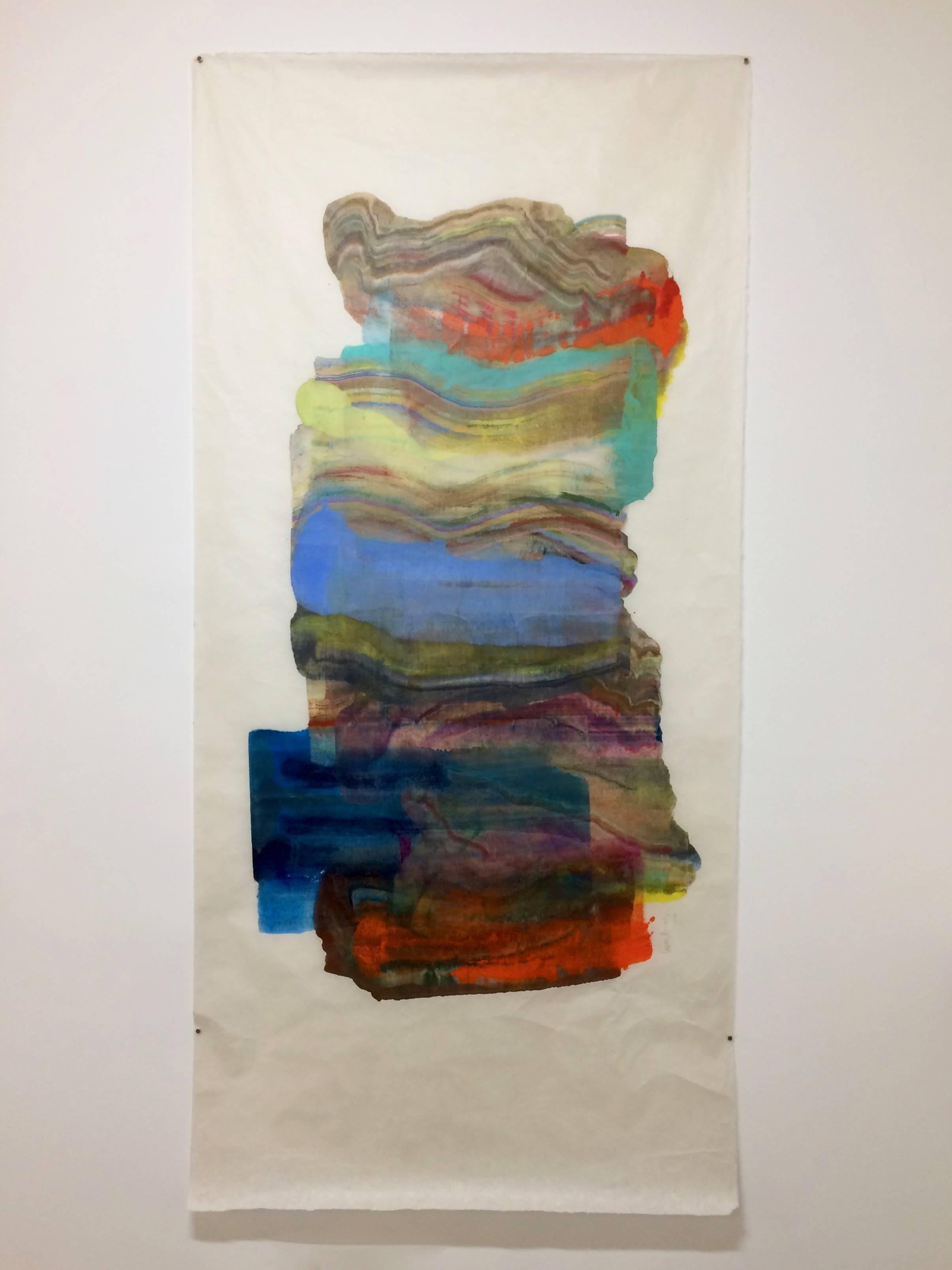 Laura Moriarty - Resting, Orange, Blue, Green, Brown Long Encaustic Monotype on Japanese Paper ...