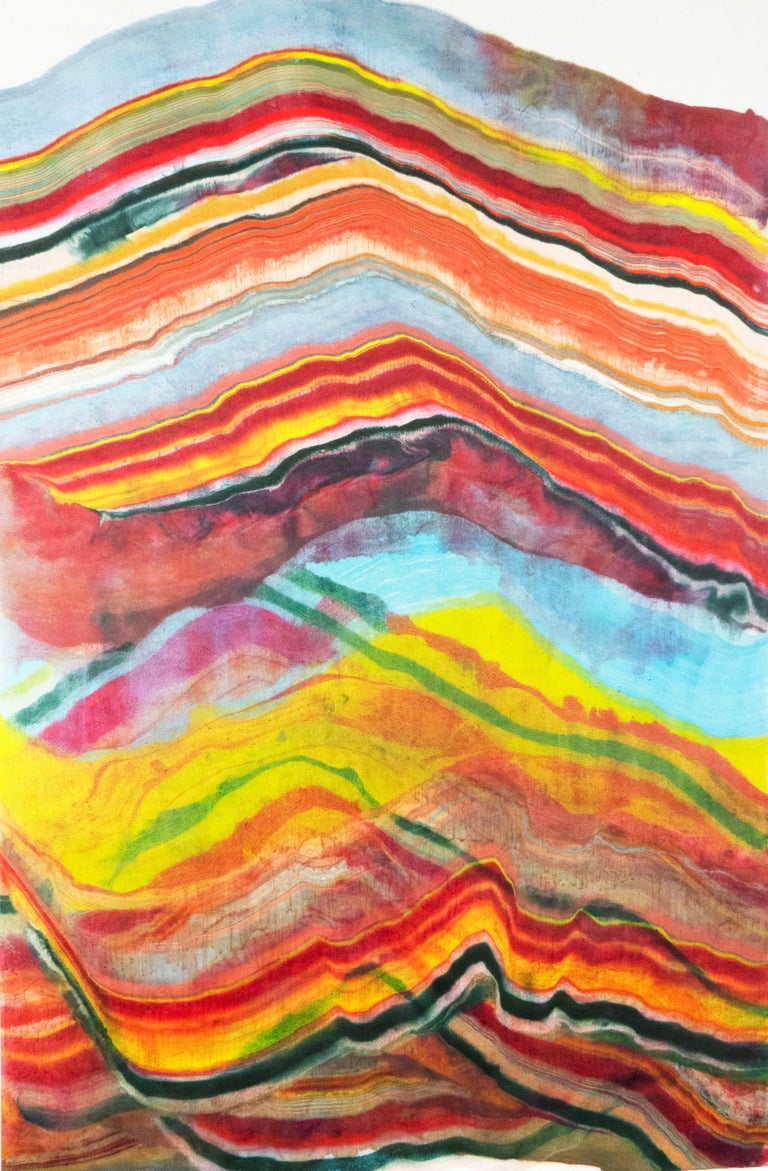 Laura Moriarty - Talking to Rocks 15, Red, Light Blue, Neon Yellow Abstract Encaustic Monotype ...