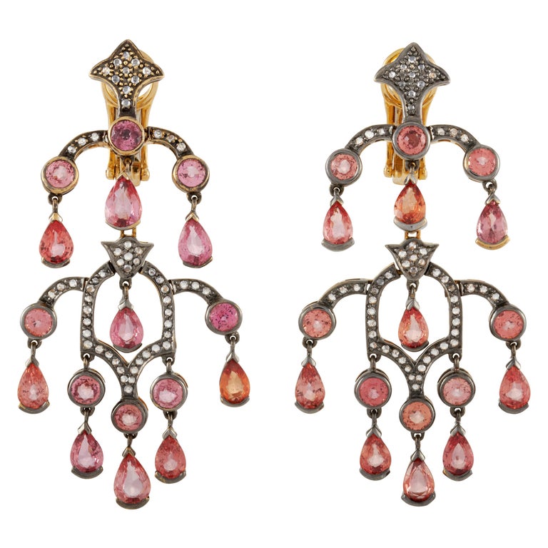 Laura Munder Diamond and Orange-Pink Sapphire Clip Earrings in 18k ...