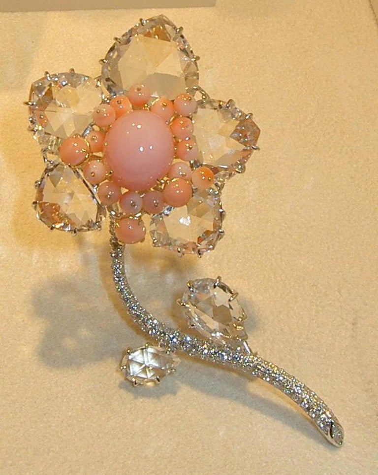 Laura Munder Pink Opal Coral Crystal and Diamond White Gold Brooch For ...