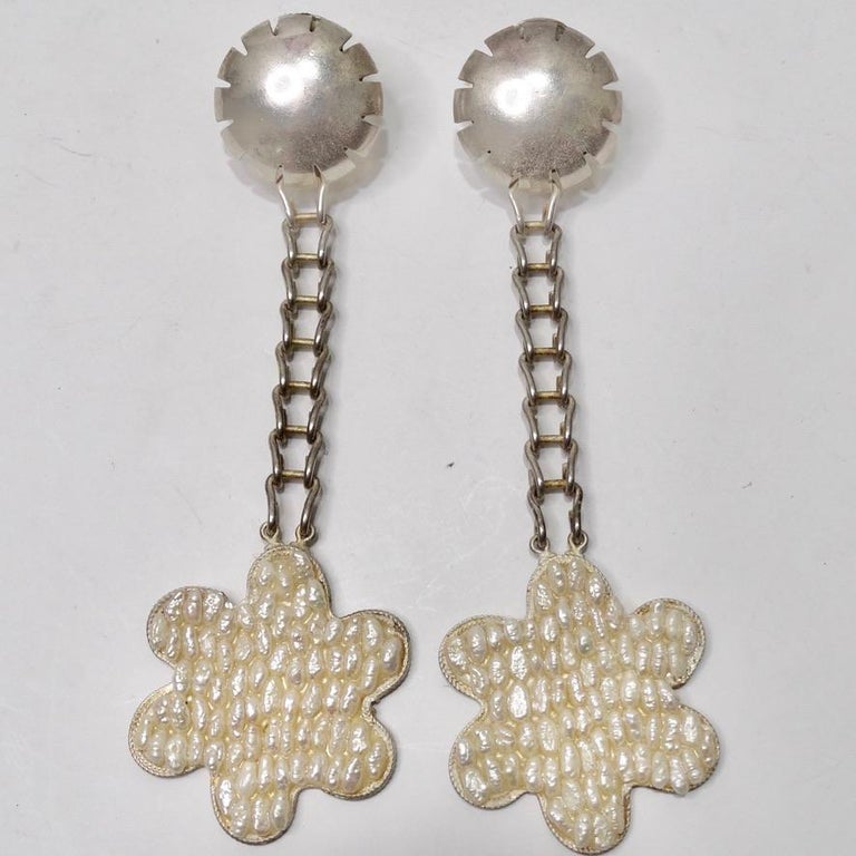 Laura Vogel Pearl Silver Flower Dangle Earrings For Sale at 1stDibs