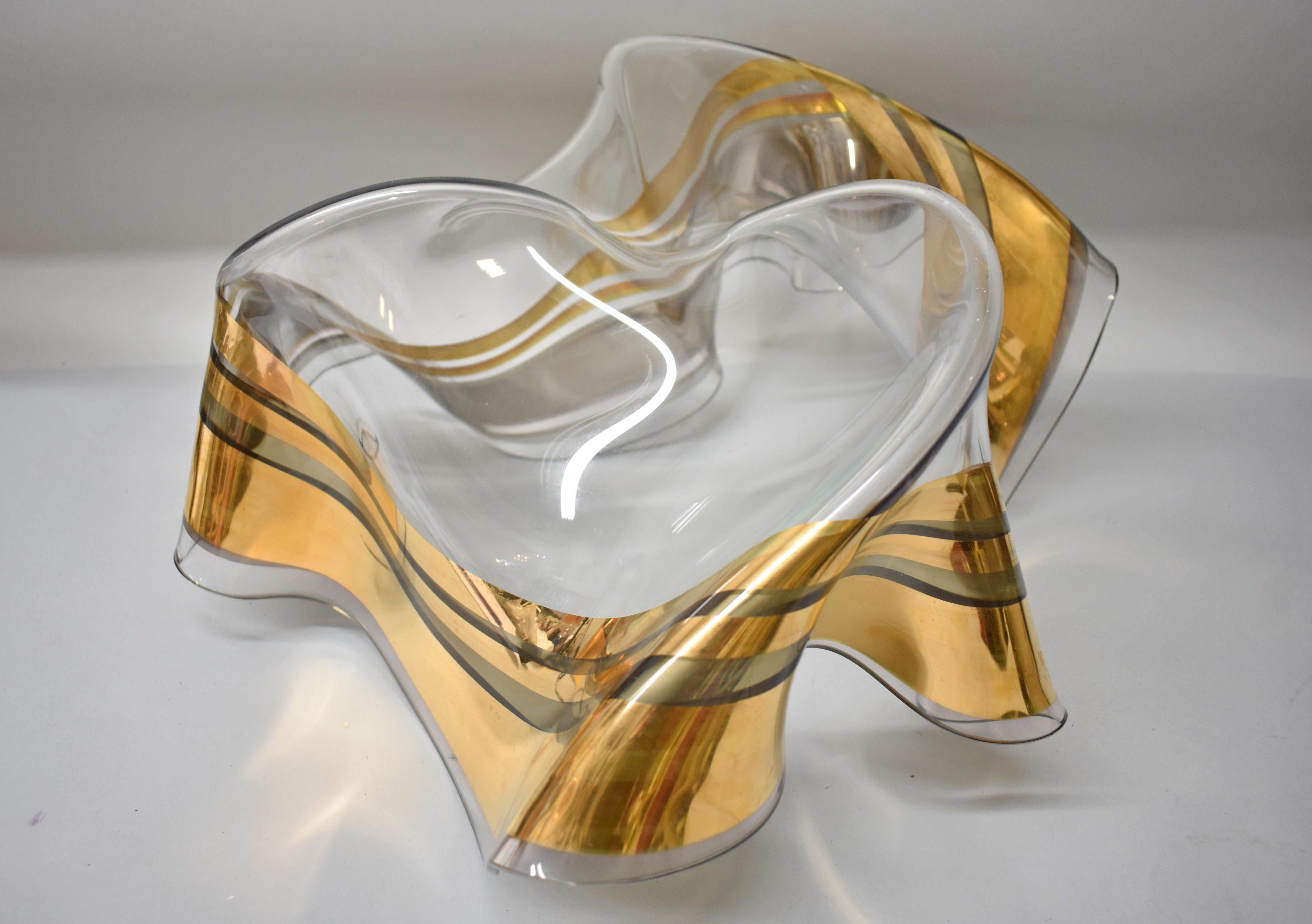 Laurel Fyfe Slumped Art Glass Bowl or Vessel Clear Gold Leaf Ribbons at ...