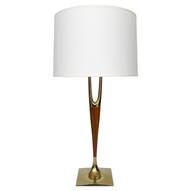 Laurel Lamp Company Wishbone Brass and Walnut Table Lamp at 1stDibs