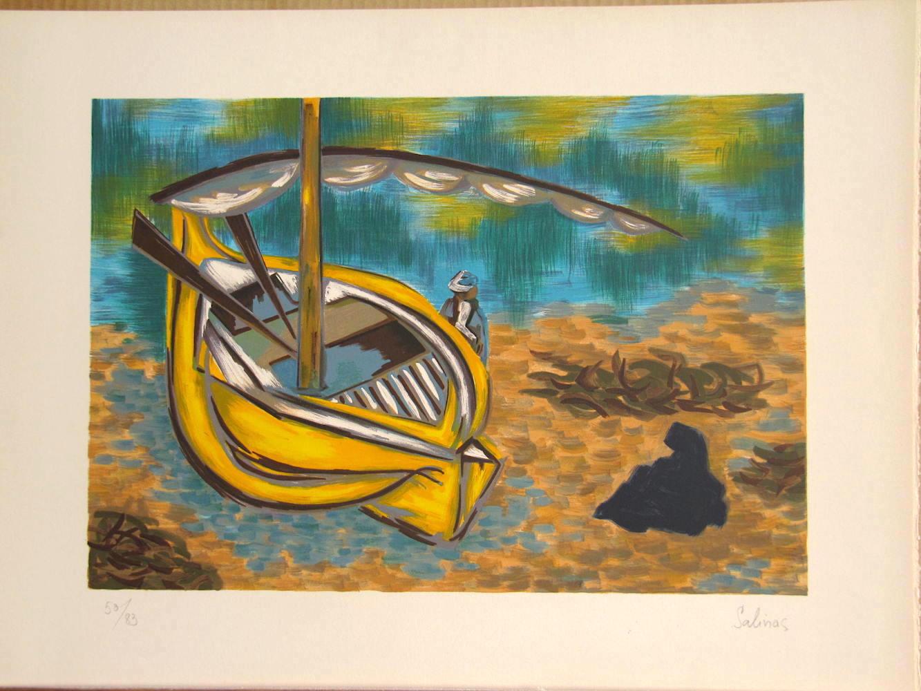 Laurent Marcel Salinas - YELLOW BOAT Signed Lithograph, Man Leaning on ...