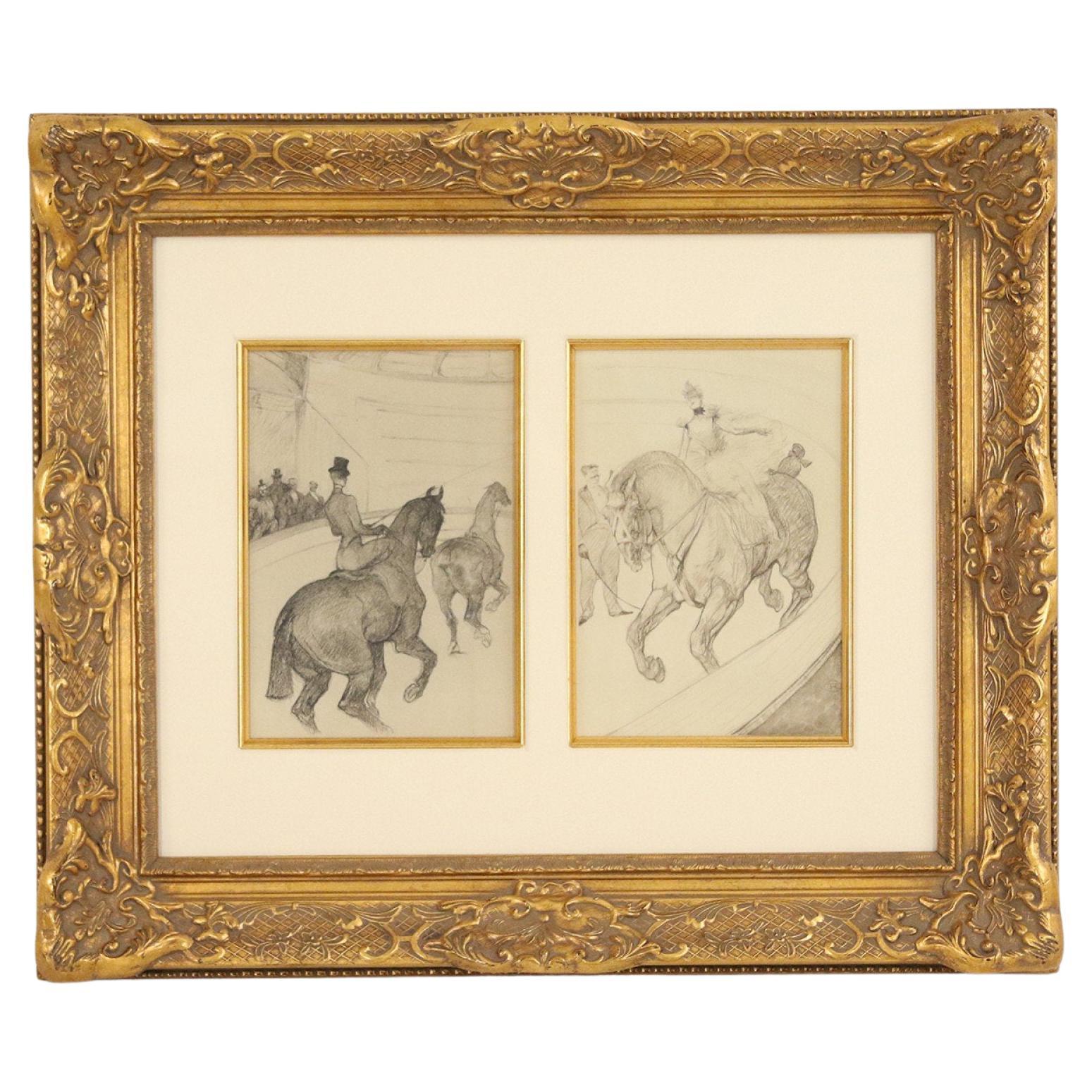 Lautrec Pencil Drawing Diptych of Figures Riding Horses in a Gilt Frame ...